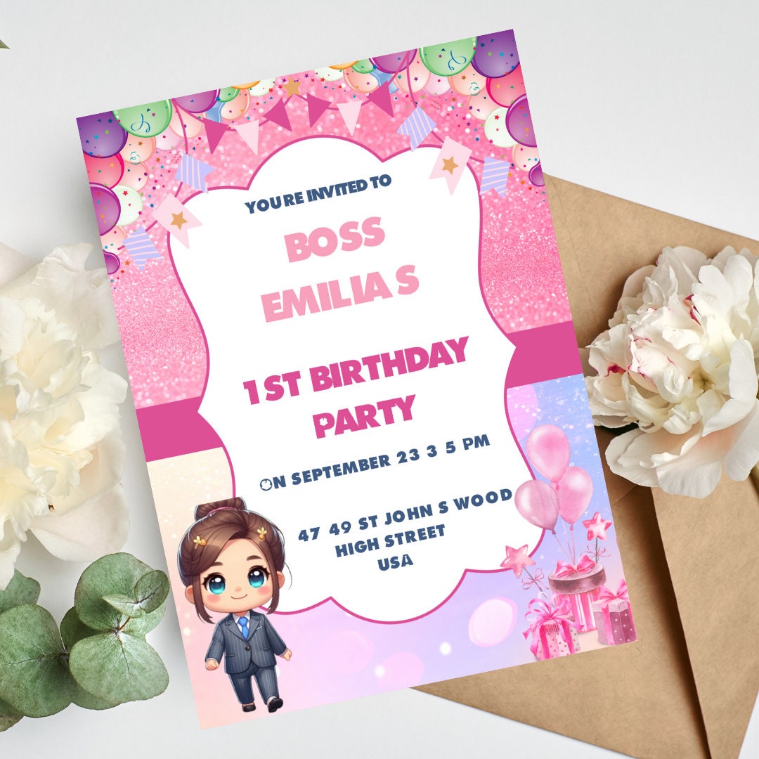 Editable Baby Boss Girl Birthday Invitation | Pink Purple Card ...