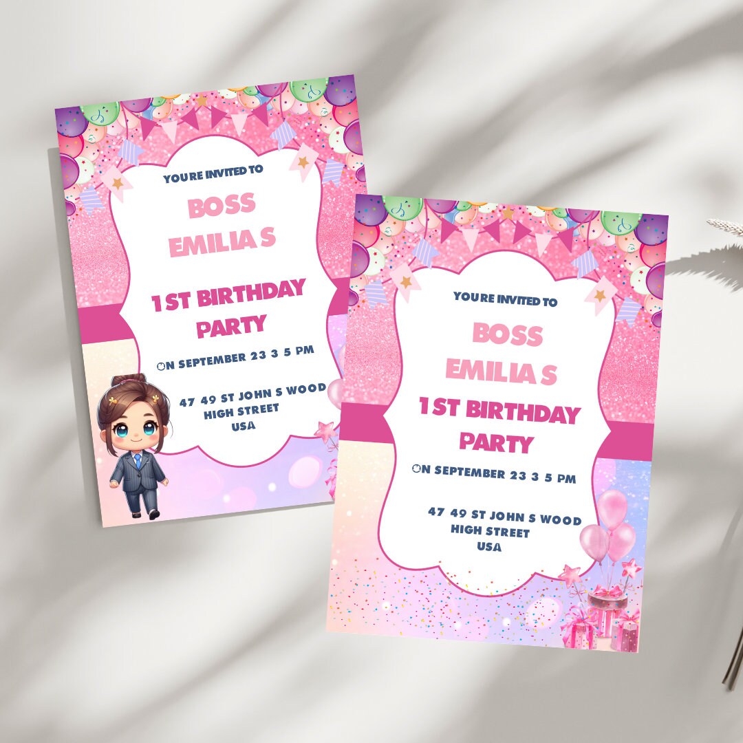 Editable Baby Boss Girl Birthday Invitation | Pink Purple Card ...