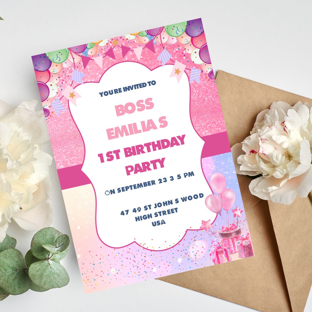 Editable Baby Boss Girl Birthday Invitation | Pink Purple Card ...