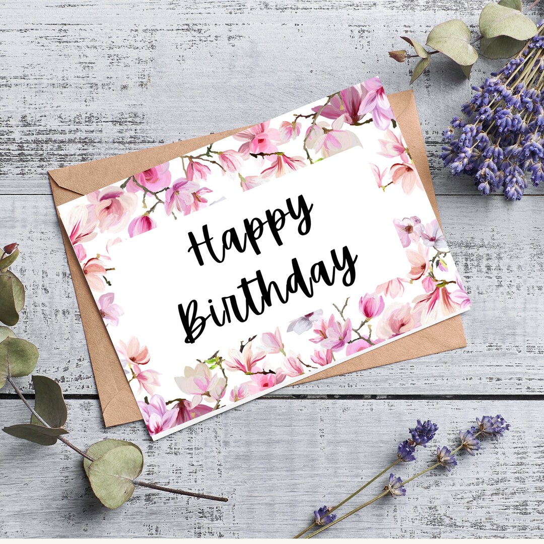 Printable Birthday Card With Pink Flowers Floral Birthday - Etsy