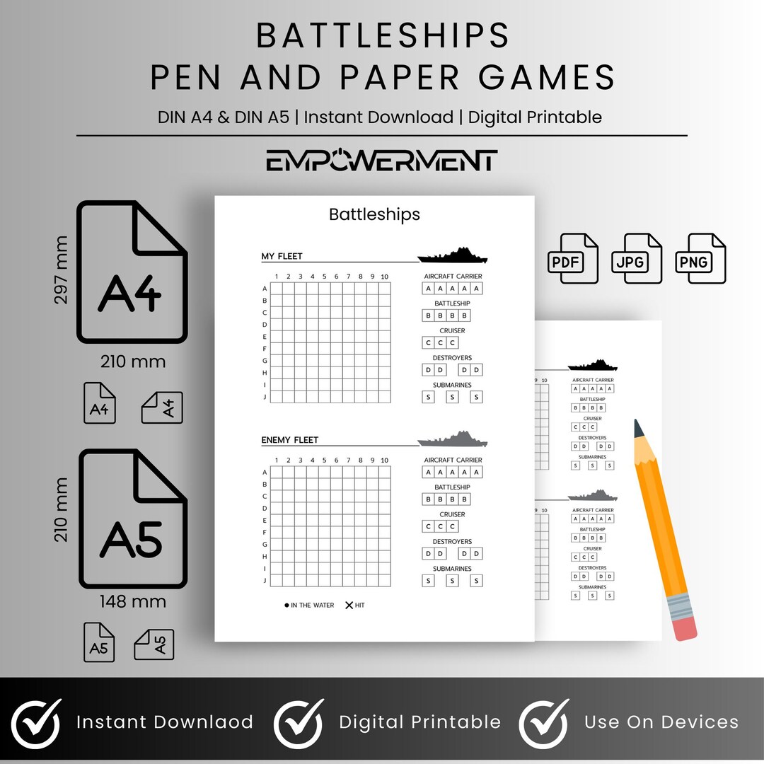 Battleships Digital Download, Pen and Paper Games, Printable Battleship ...