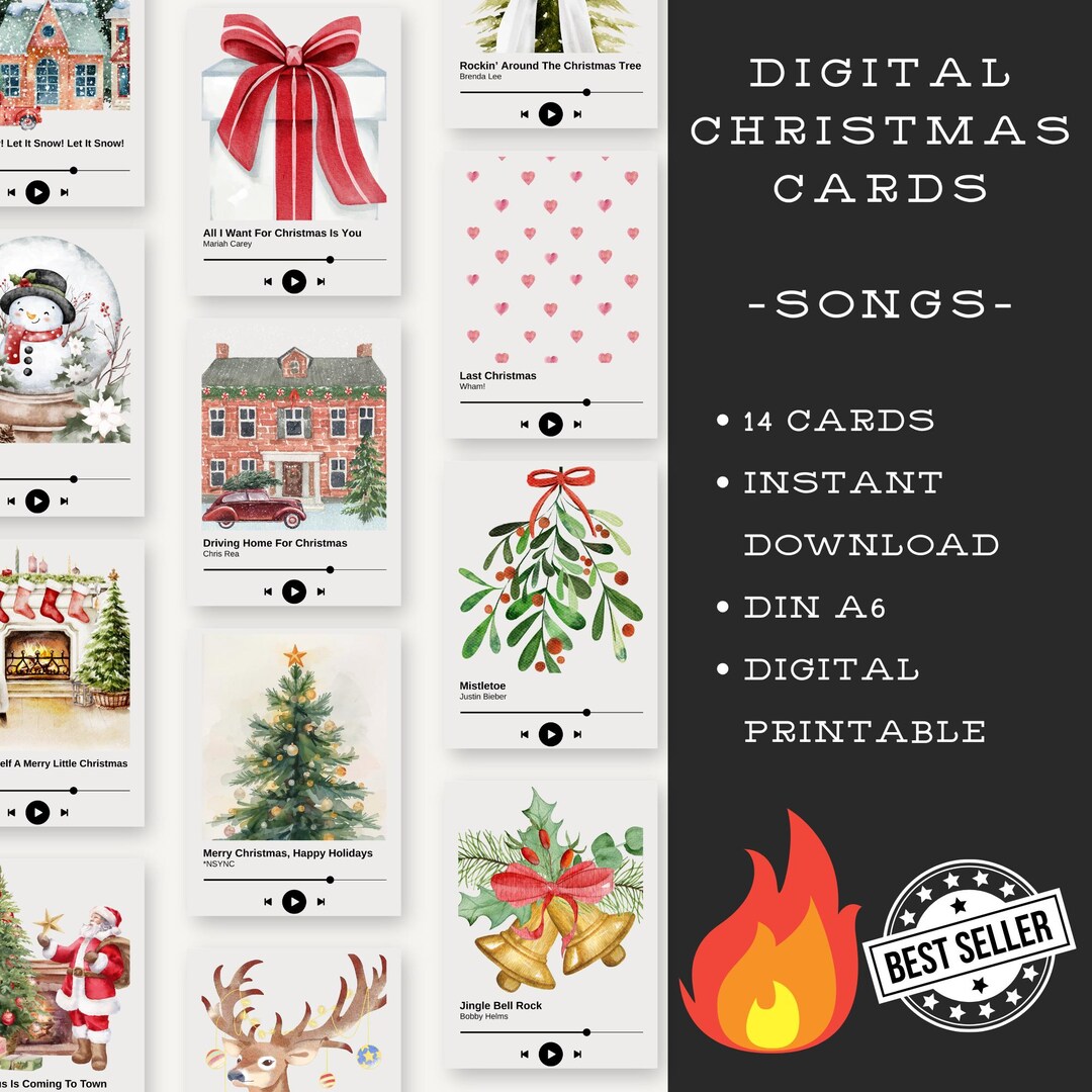 Christmas Song Cards Digital Printable Greeting Cards Watercolor ...