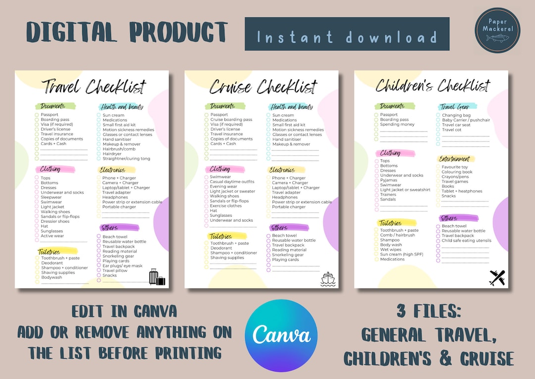 Customisable Travel Checklist Canva, Cruise Child Kid Packing List ...