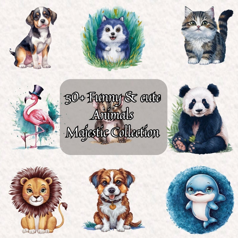 50 PNG Cute and Adorable Animals Clipart Bundle Whimsical Animals Dog ...