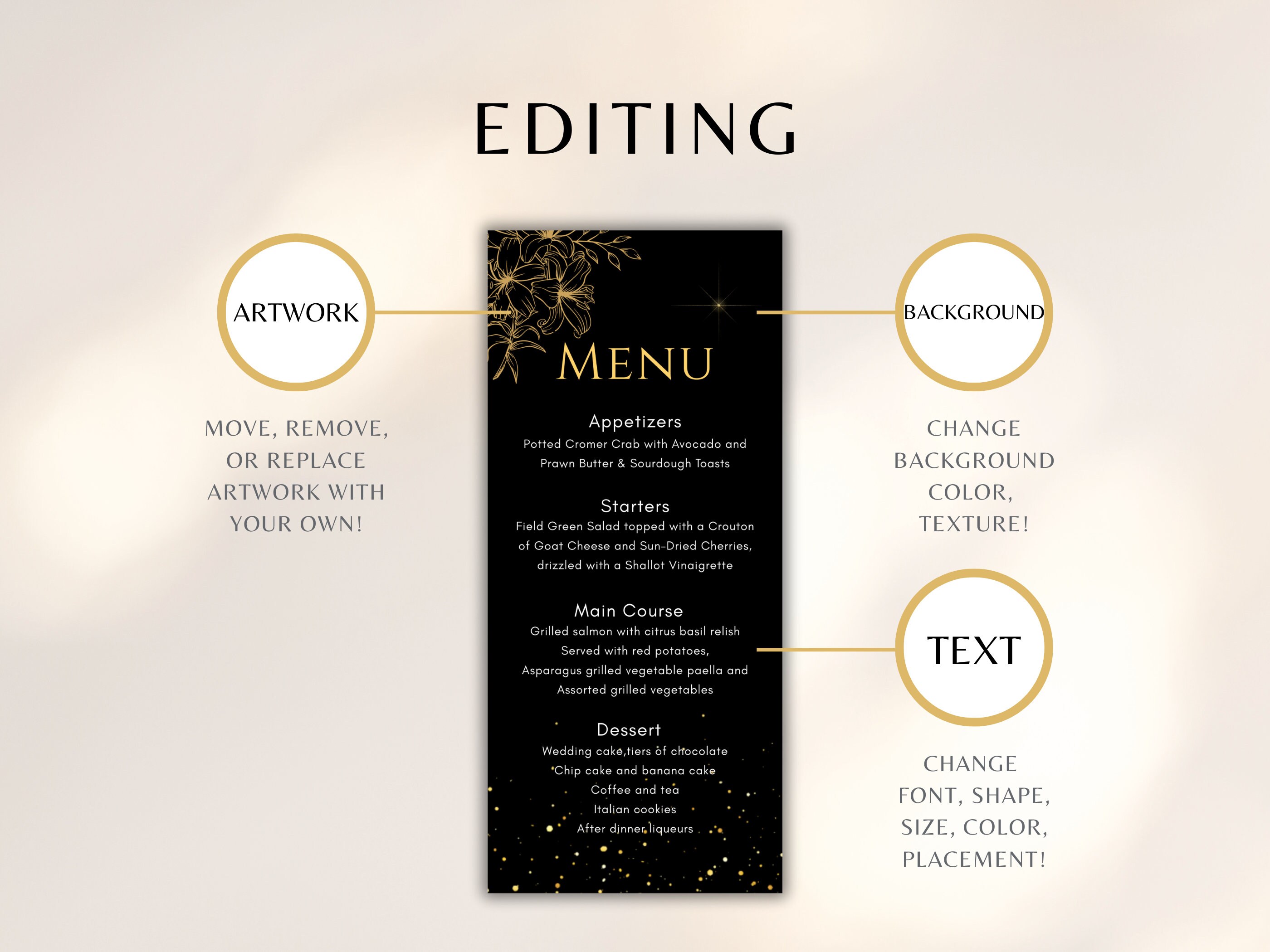 BLACK Menu Template With Luxury Black and Gold Foil Editable - Etsy