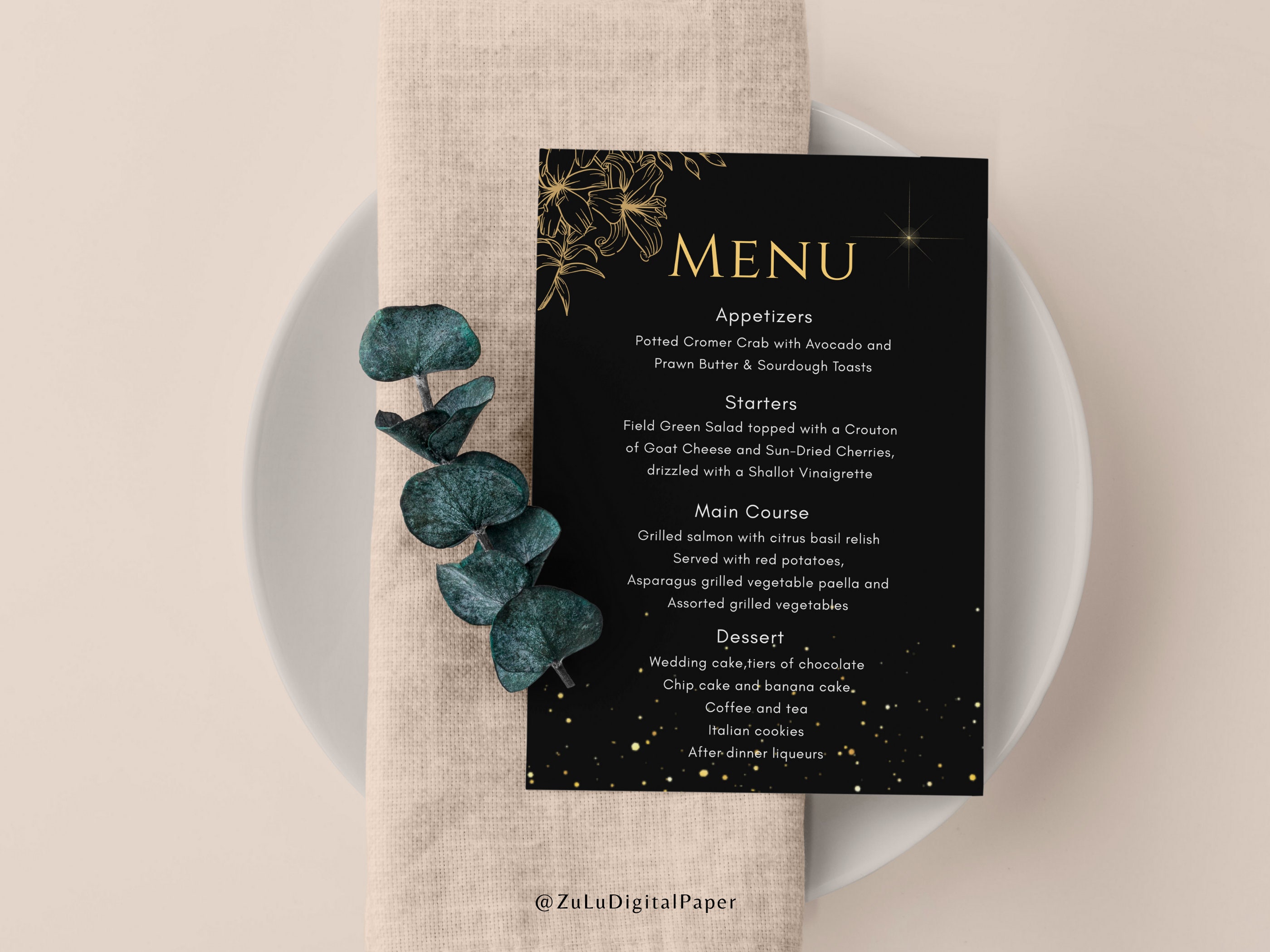 BLACK Menu Template With Luxury Black and Gold Foil Editable - Etsy