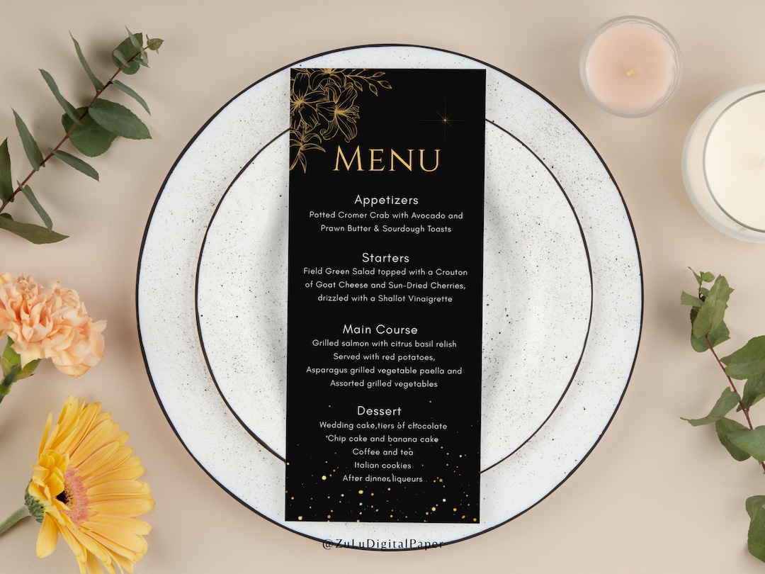 BLACK Menu Template With Luxury Black and Gold Foil Editable - Etsy
