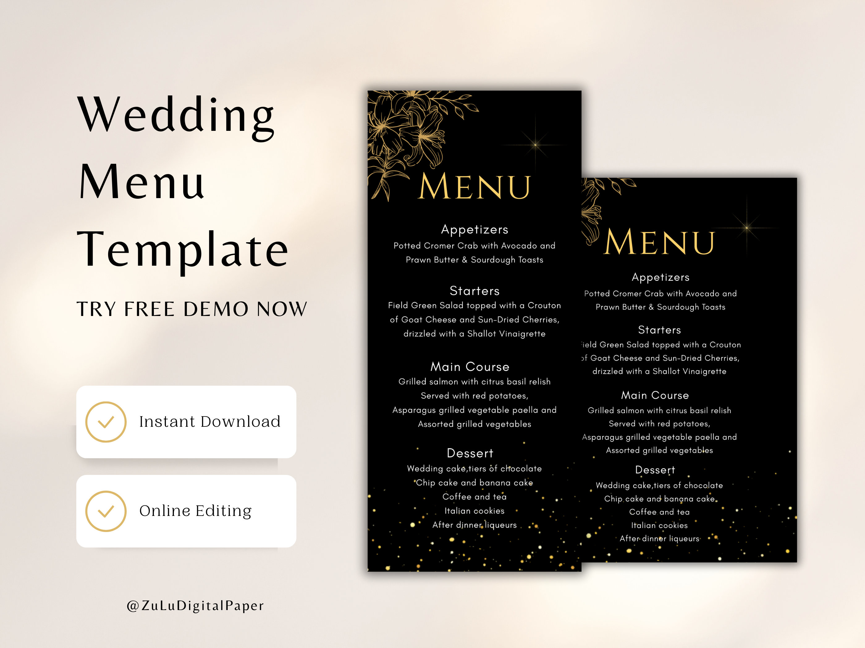 BLACK Menu Template With Luxury Black and Gold Foil Editable - Etsy