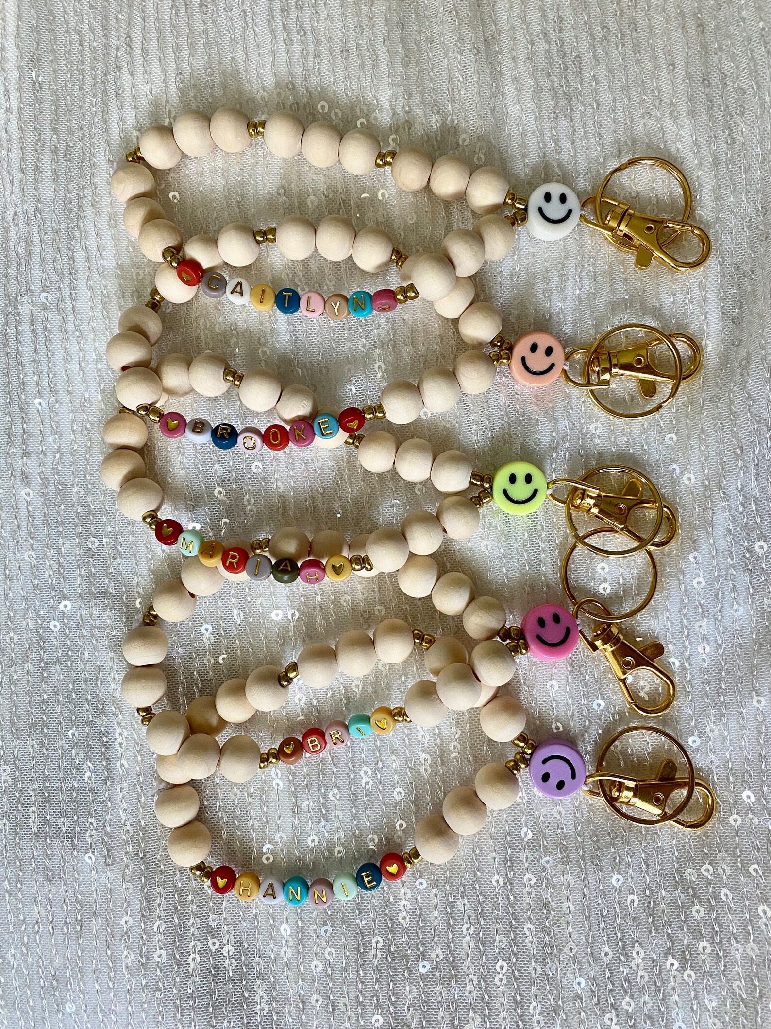 Personalized Beaded Smiley Wristlet Keychain || Wood Boho Beads || Car ...