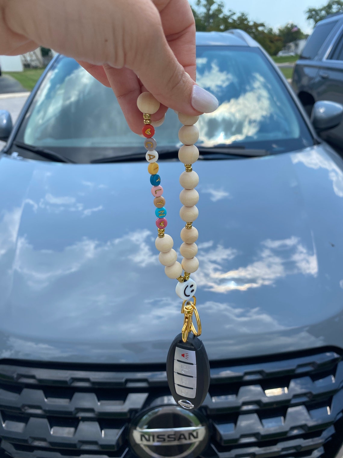 Personalized Beaded Smiley Wristlet Keychain || Wood Boho Beads || Car ...