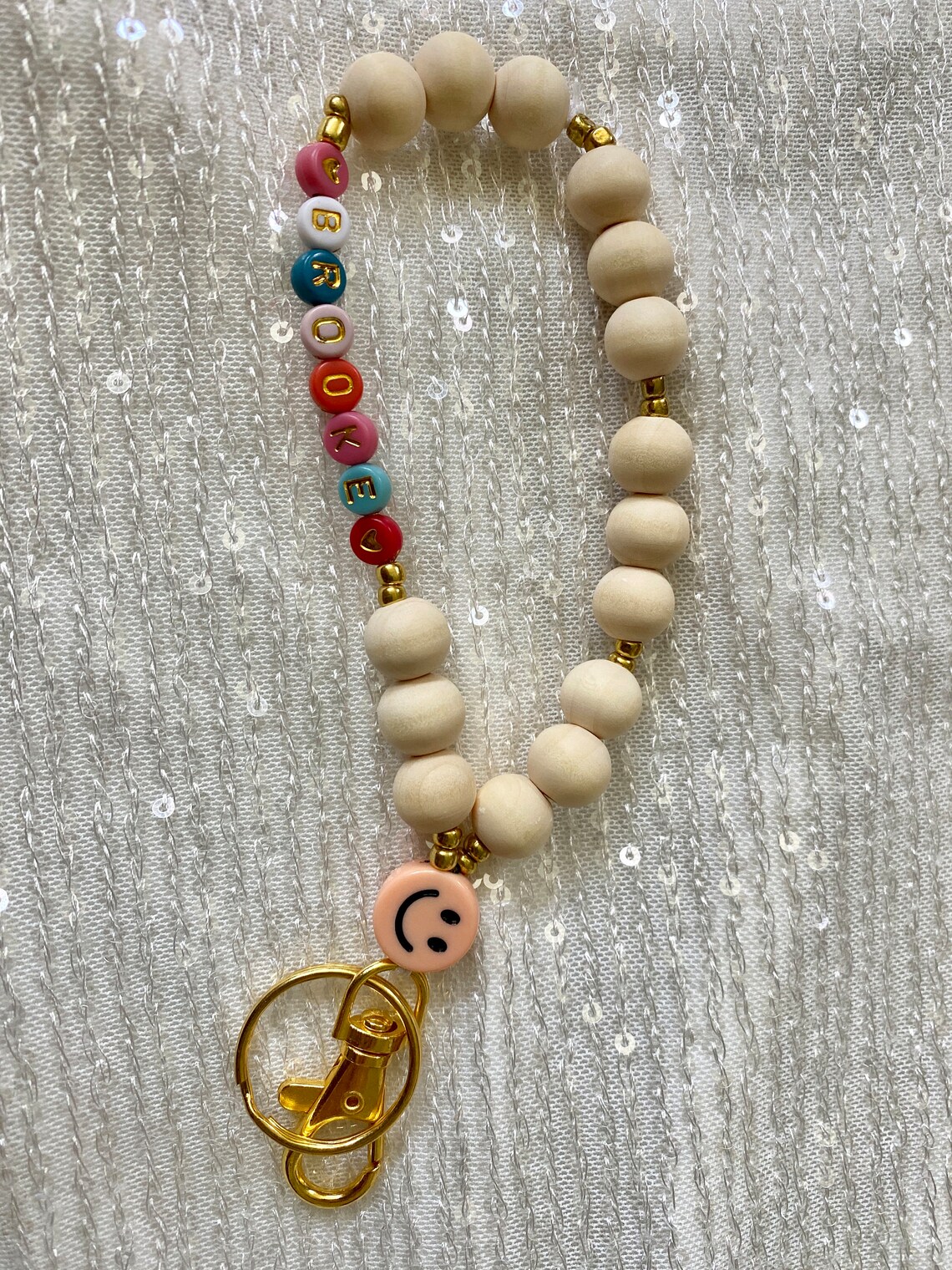 Personalized Beaded Smiley Wristlet Keychain || Wood Boho Beads || Car ...