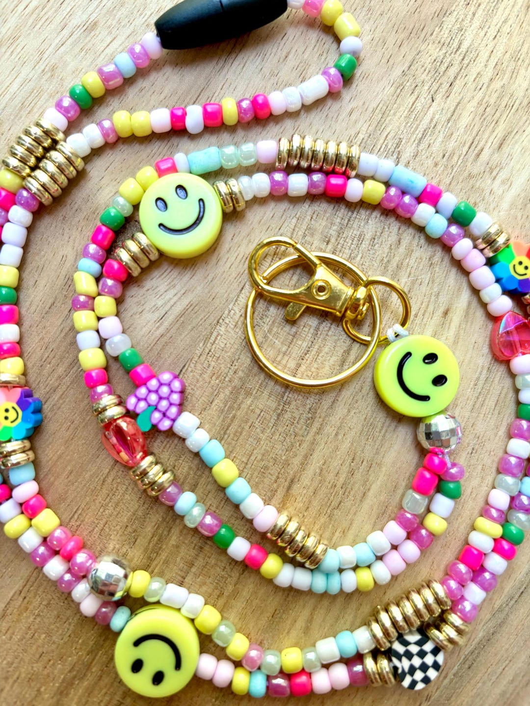 Personalized Y2K Beaded Teacher Lanyard: Funky Rainbow Smiley Face - Etsy