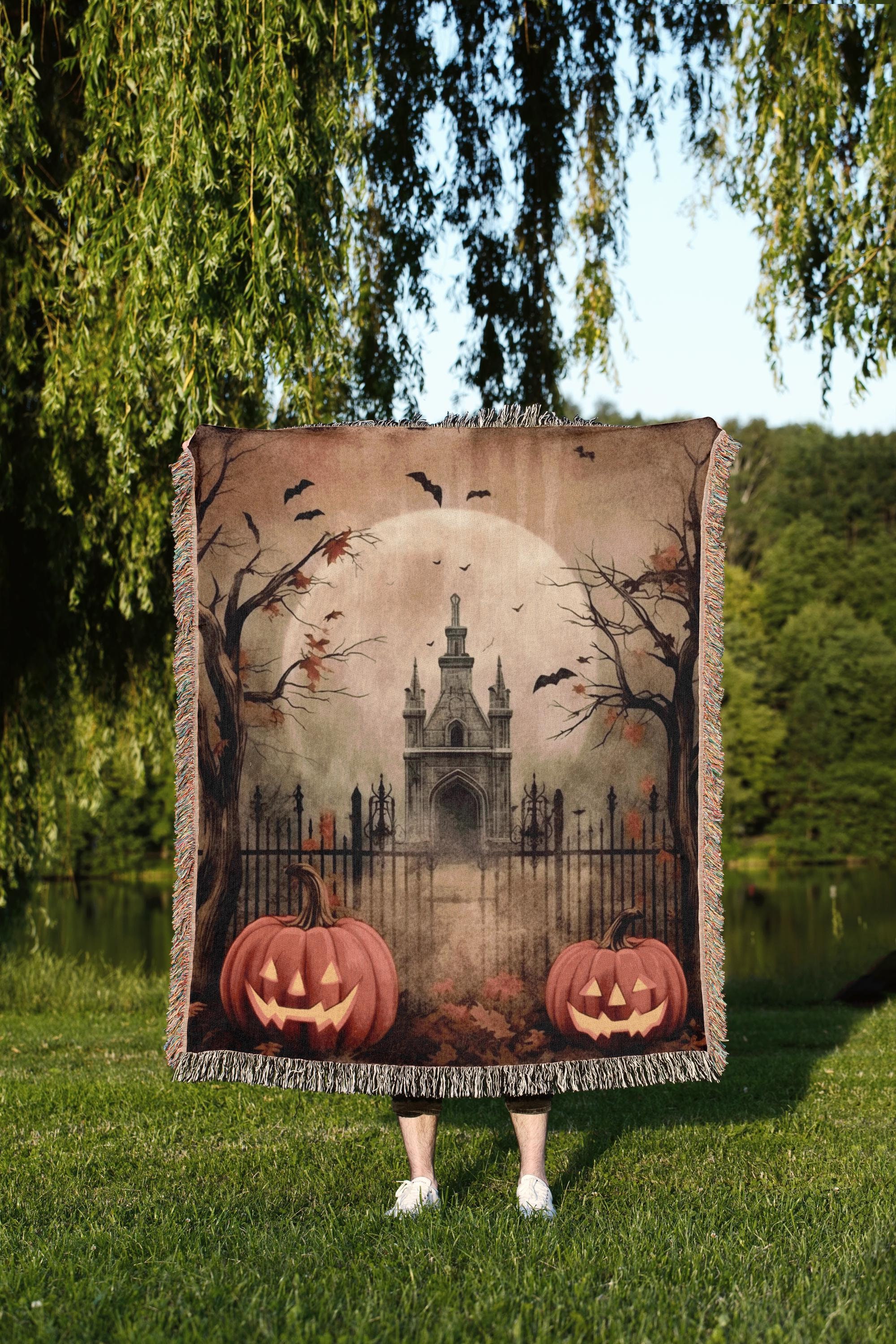 Creepy Haunted House Halloween Decor Blanket, Witchy Bat and Pumpkin ...