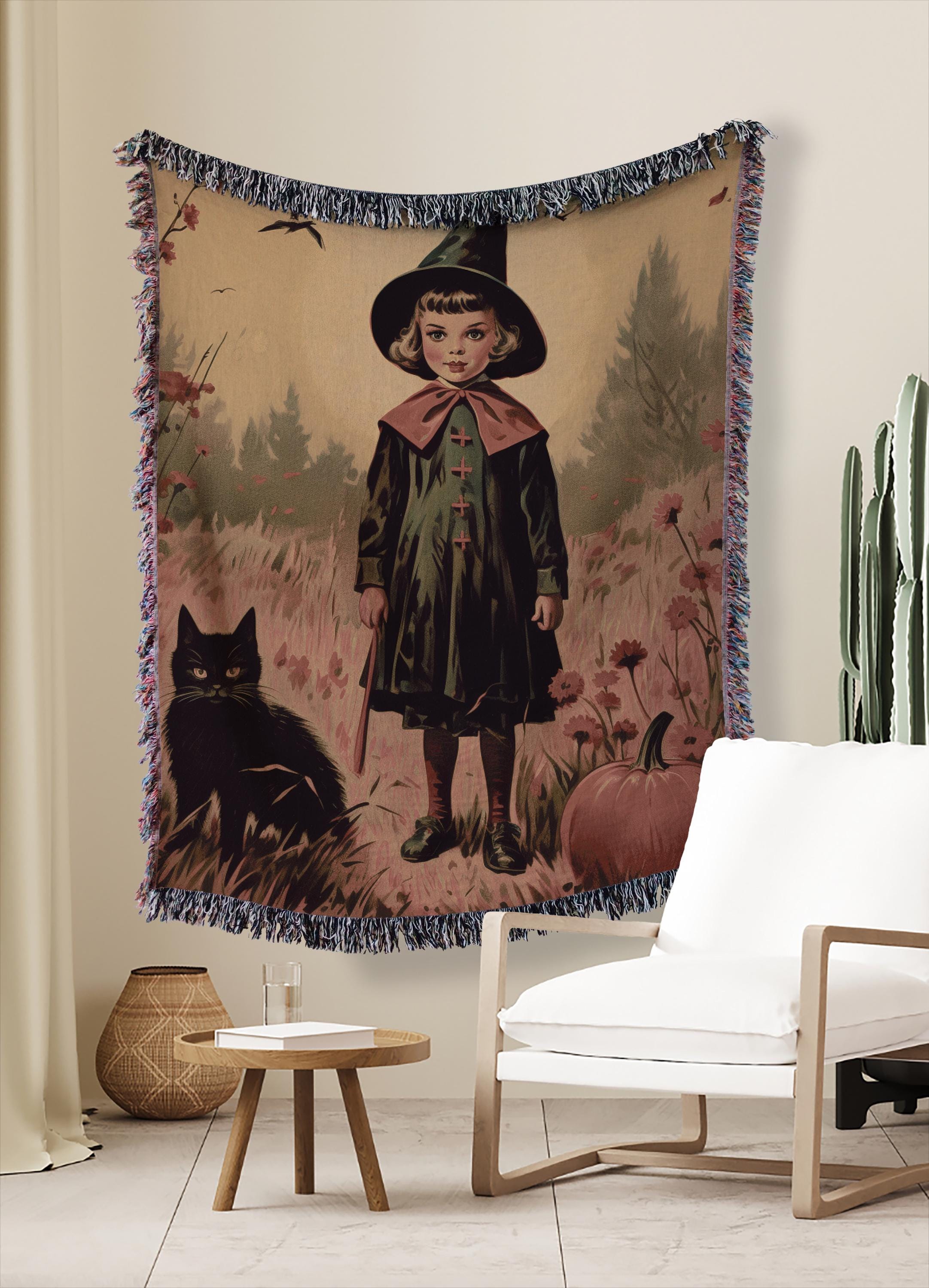 Vintage Woven Witch Blanket: Witchy Black Cat Home Decor, Retro Witch ...