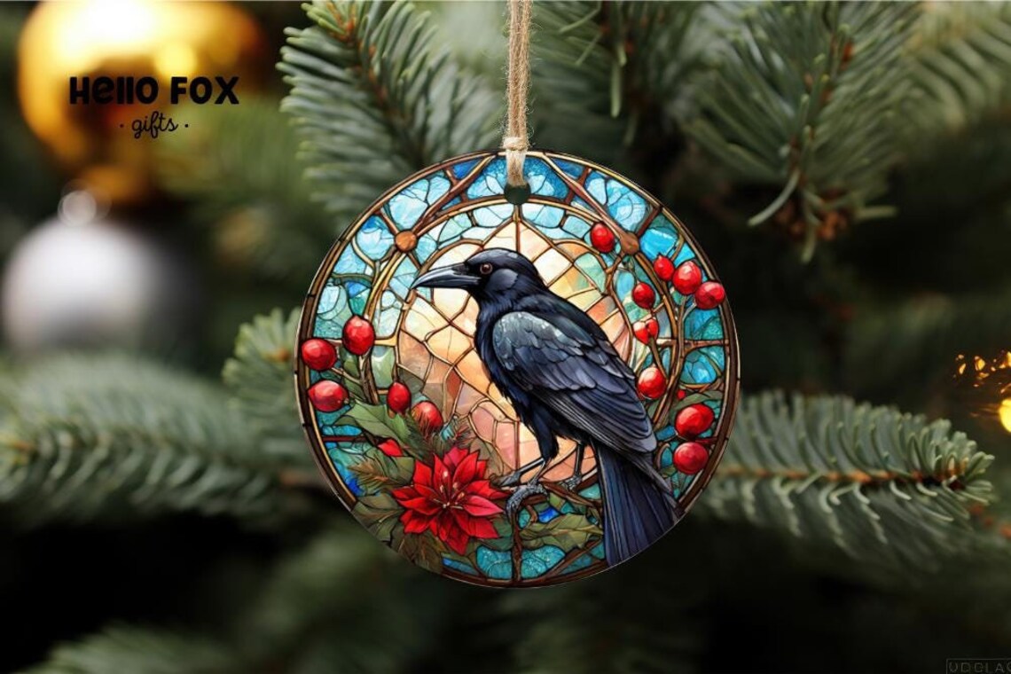 Raven Faux Stained Glass Ornament, Gothic Crow Halloween Ornament ...