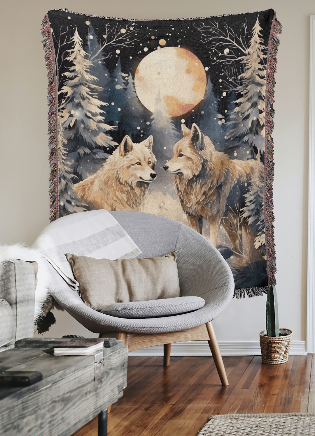 Woodland Wolf Blanket: Woven Wolf and Moon Blanket, Mountains and ...