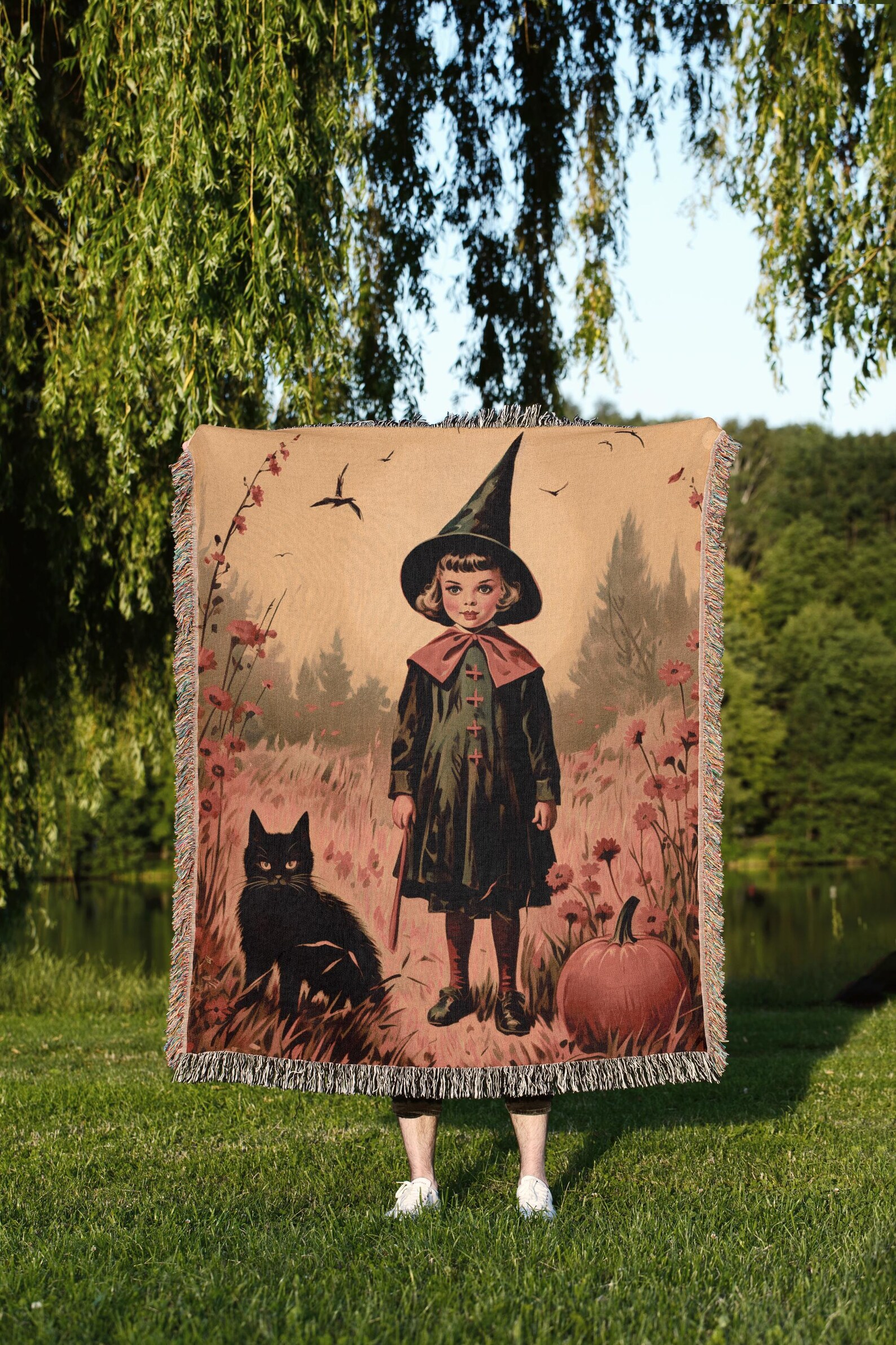 Vintage Woven Witch Blanket: Witchy Black Cat Home Decor, Retro Witch ...