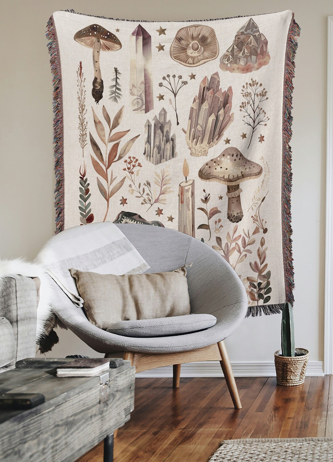 Cottagecore Mushroom Woven Blanket, Boho Geode Woven Cotton Throw ...