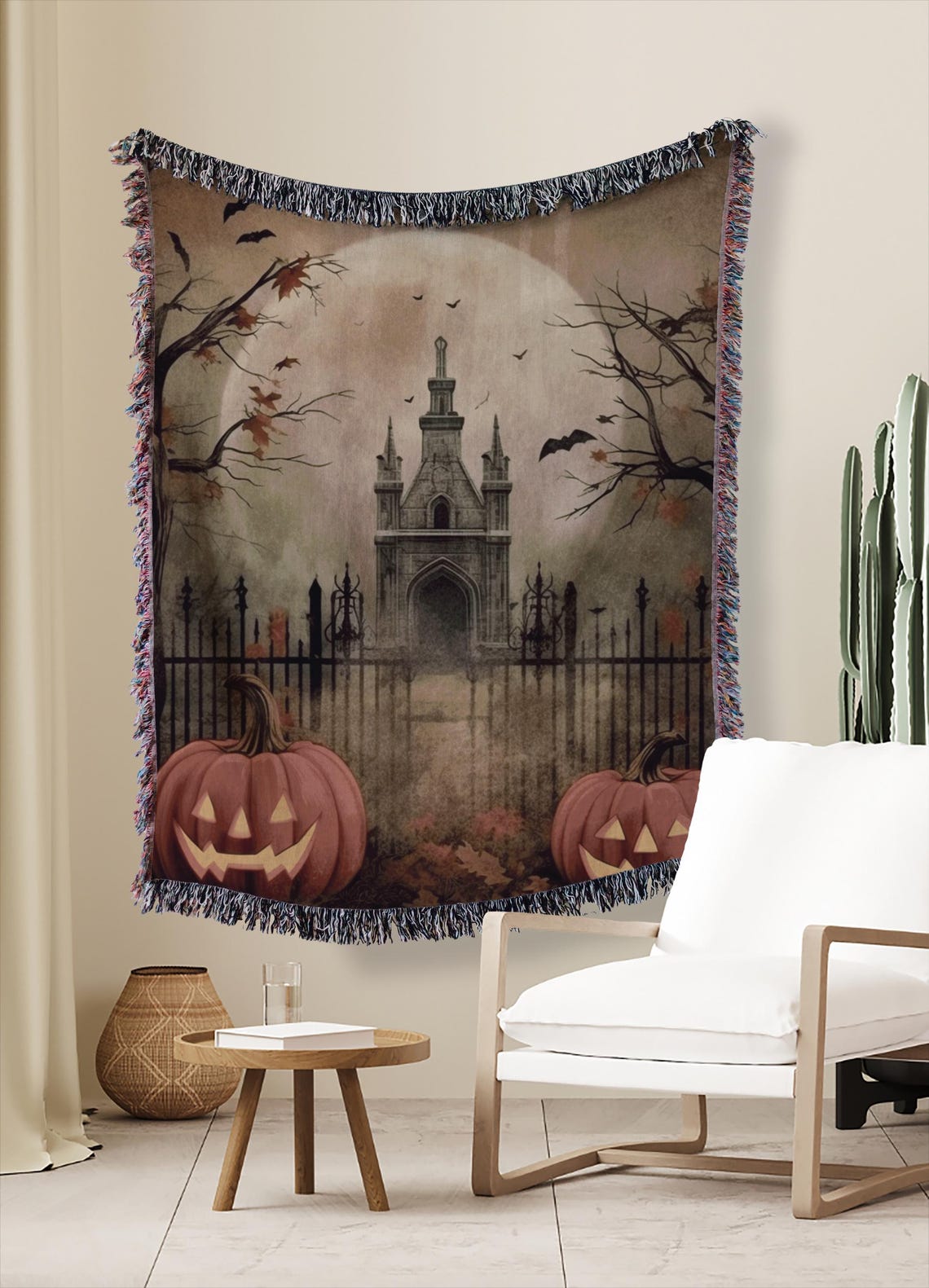 Creepy Haunted House Halloween Decor Blanket, Witchy Bat and Pumpkin ...