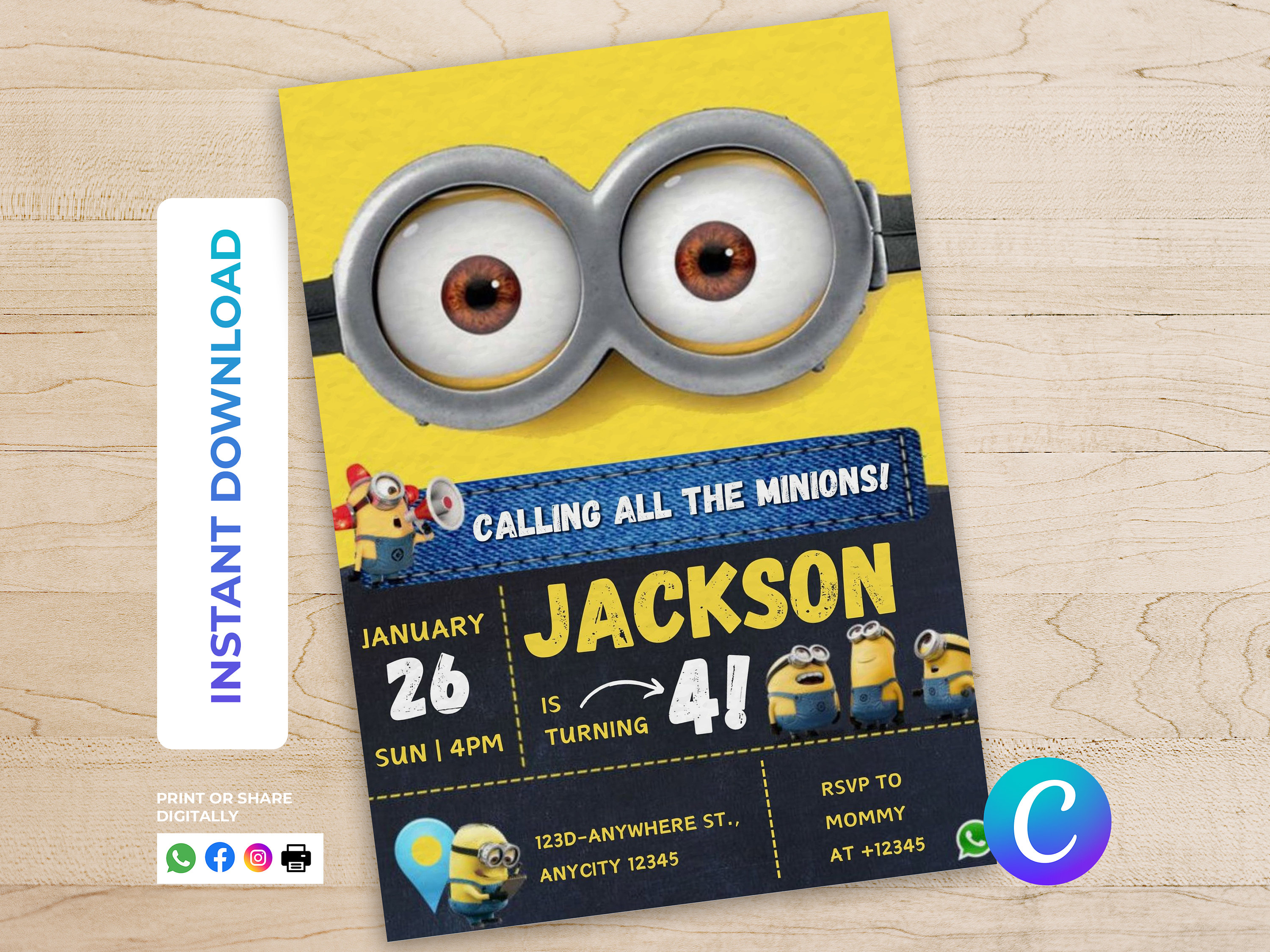Minions Digital Invitation Card Birthday Invitation Templates Editable ...