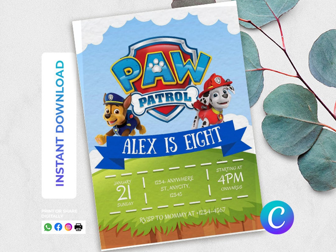 Paw Petrol Digital Invitation Card Birthday Invitation Templates ...
