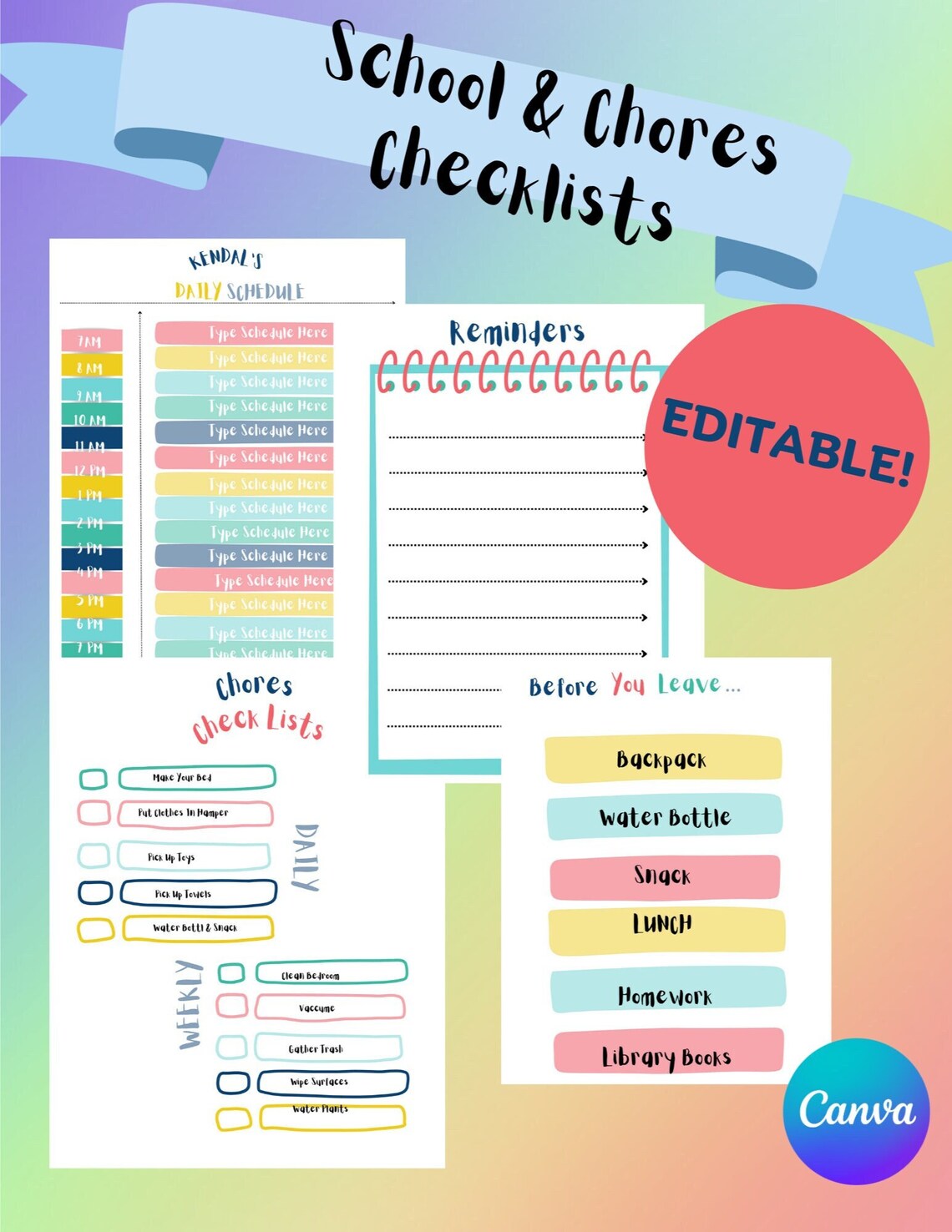 Editable School Planner Kids Printable, Back to School Bundle ...