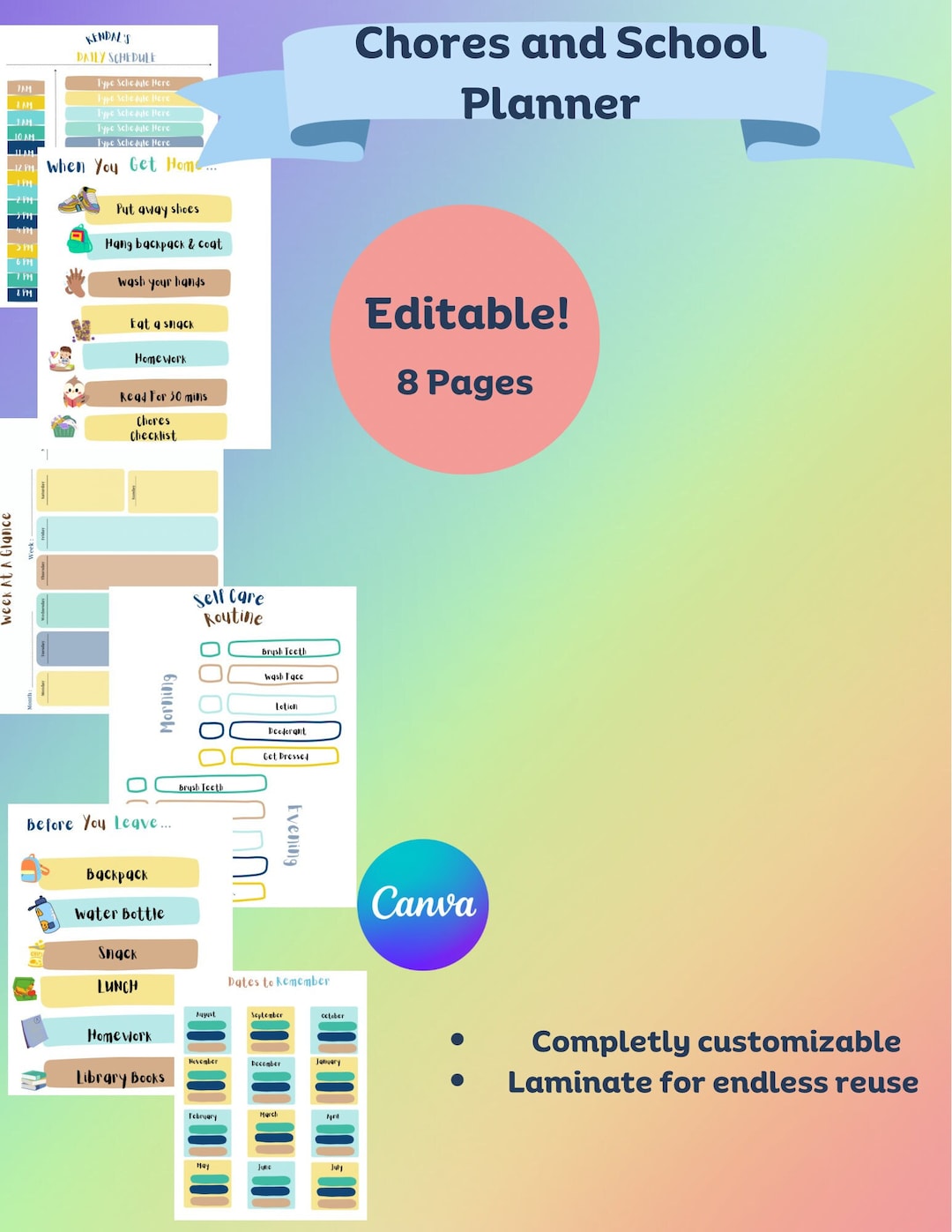 Editable School Planner Kids Printable, Back to School Bundle ...