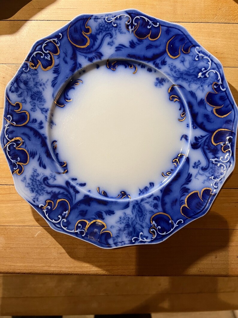 W H Grindley Flow Blue Argyle Plates With Gold Accents Along Edges ...