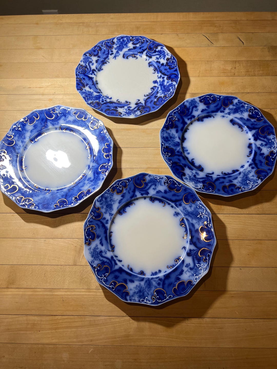 W H Grindley Flow Blue Argyle Plates With Gold Accents Along Edges ...