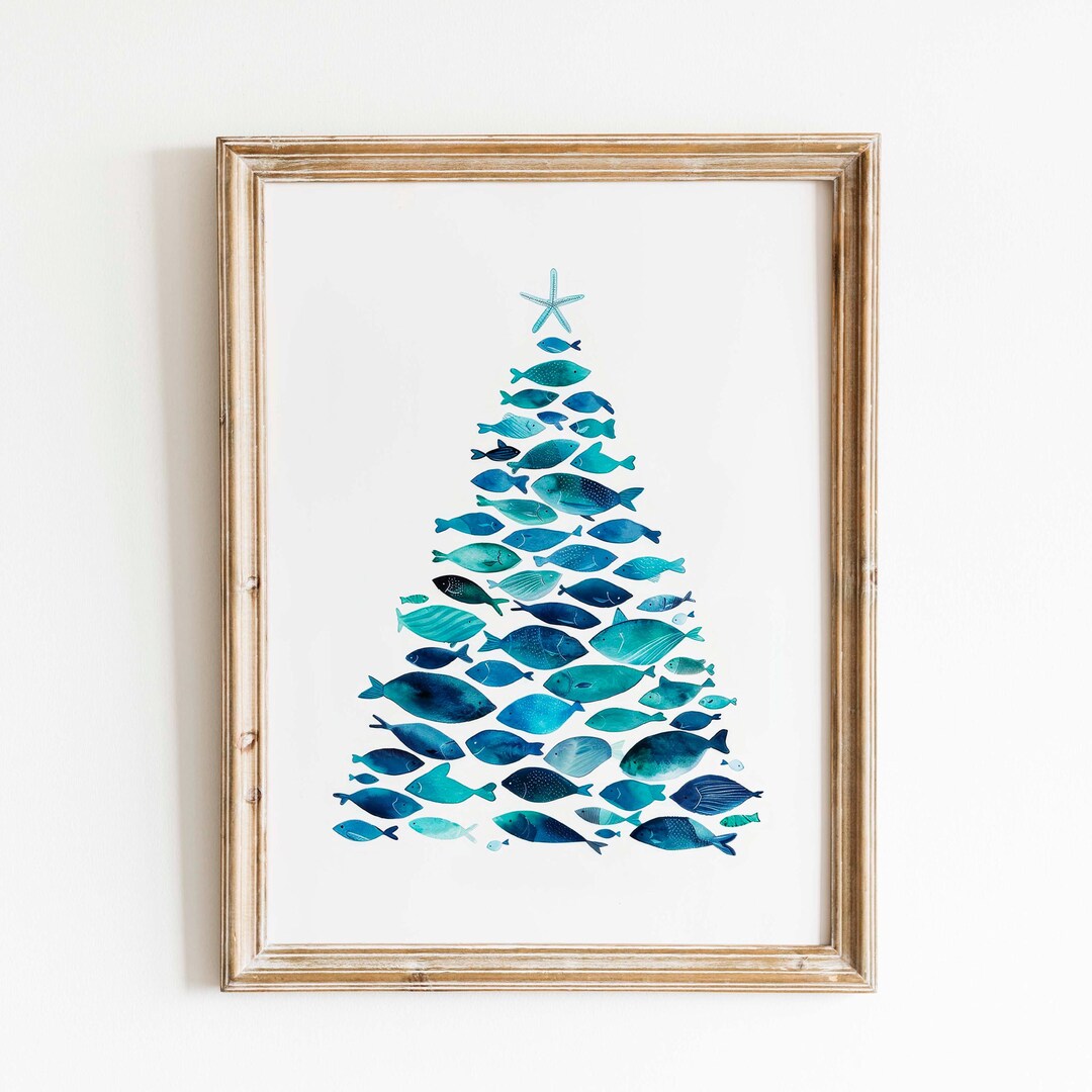 Watercolor Fish Tree Coastal Art Print: Ocean Holiday Decor (digital ...
