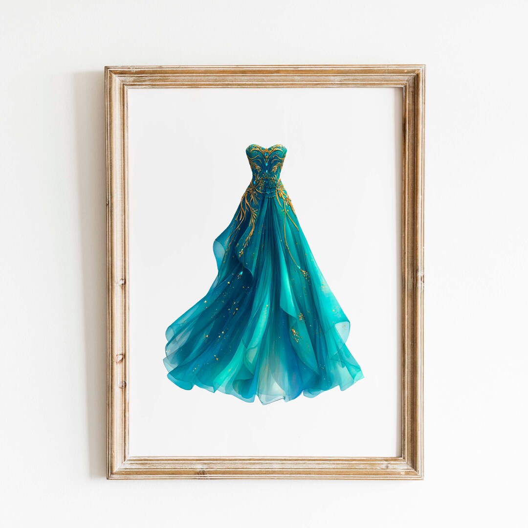 Teal Enchanted Couture Ball Gown Watercolor Print: Fairytale Wall Art ...
