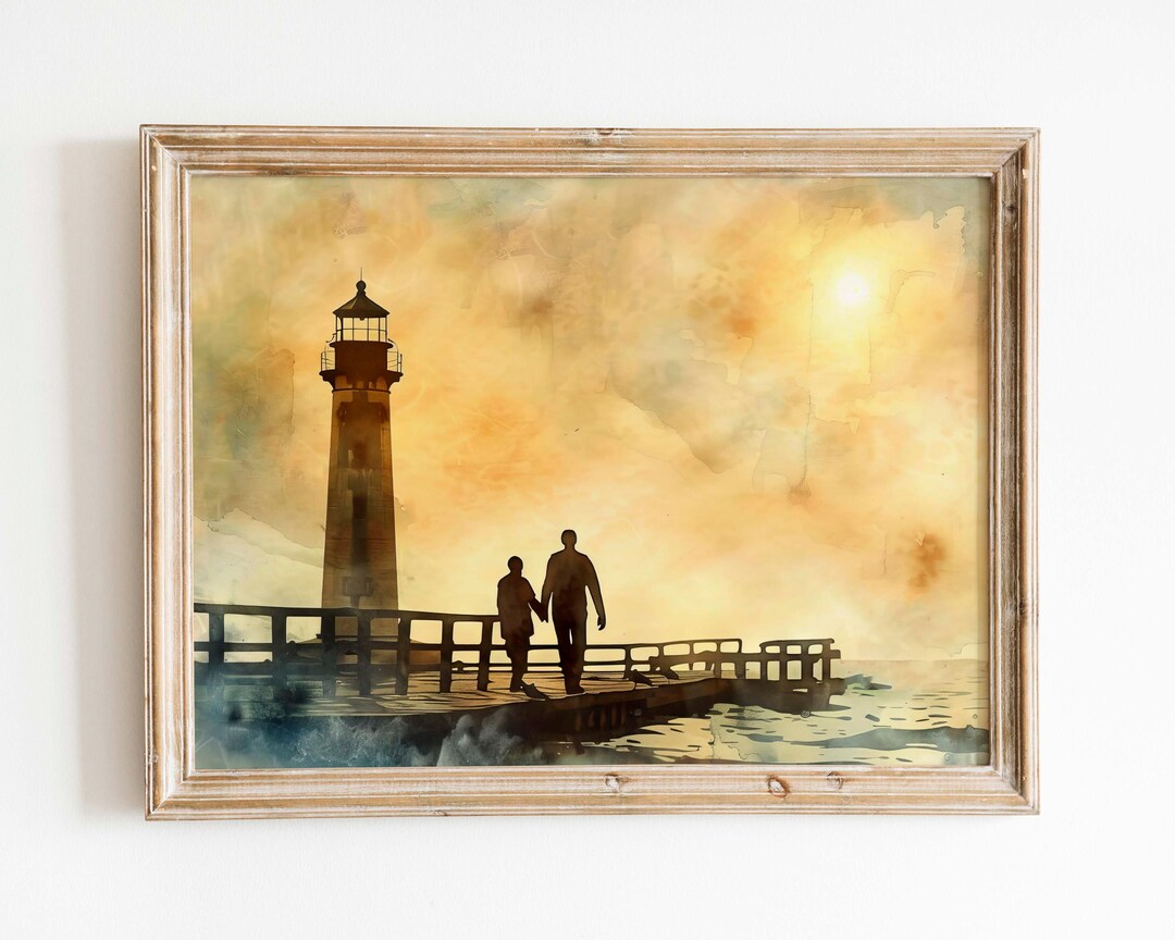 Nautical Wall Art, Romantic Lighthouse Couple Painting, Coastal Decor ...