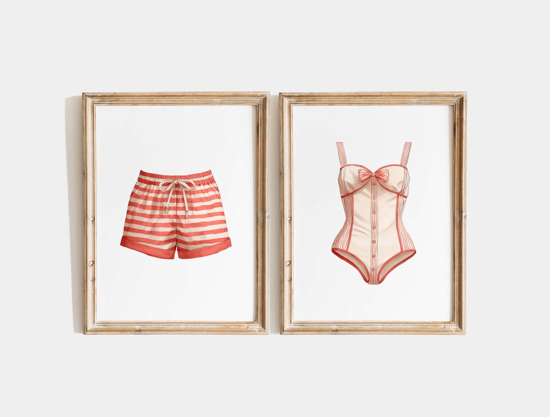 Pink Striped Swimsuit Watercolor Print Set of 2: Vintage Coastal Wall ...