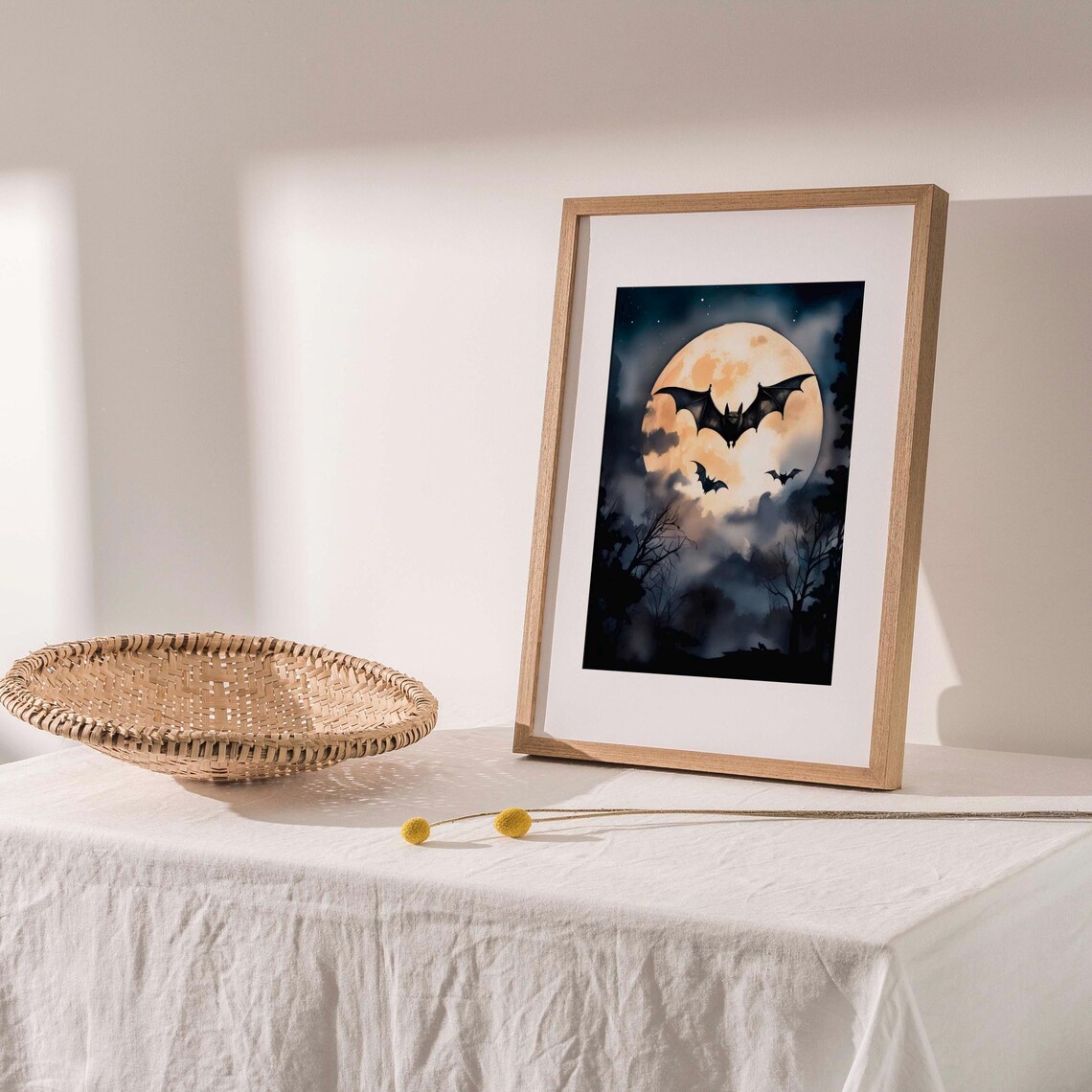 Halloween Bat Wall Art: Full Moon Night Watercolor Print (digital ...