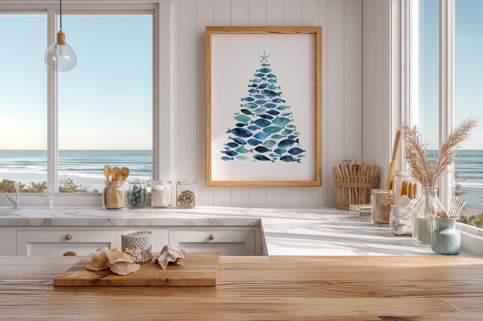 Watercolor Fish Tree Coastal Art Print: Ocean Holiday Decor (digital ...