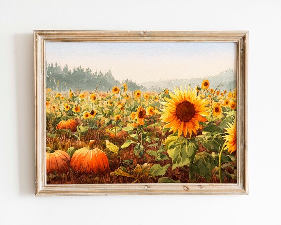 Watercolor Sunflowers And Pumpkins