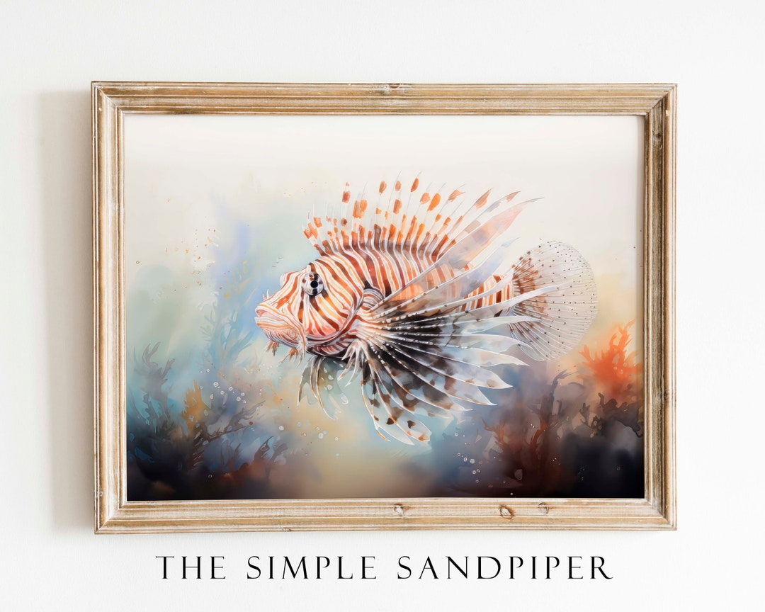 Lionfish Watercolor Print, Wildlife Seascape Wall Art, Coastal Instant ...