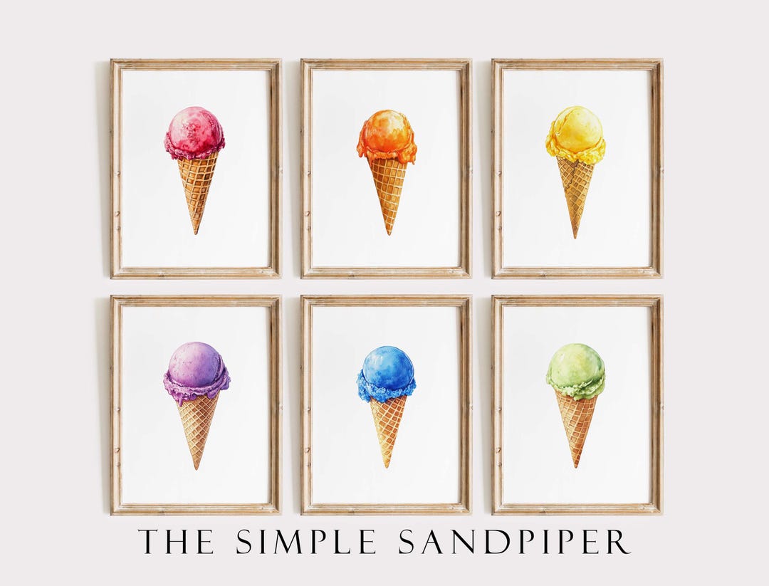 Watercolor Ice Cream Cone Wall Art Set of 6, Digital Download, Colorful ...