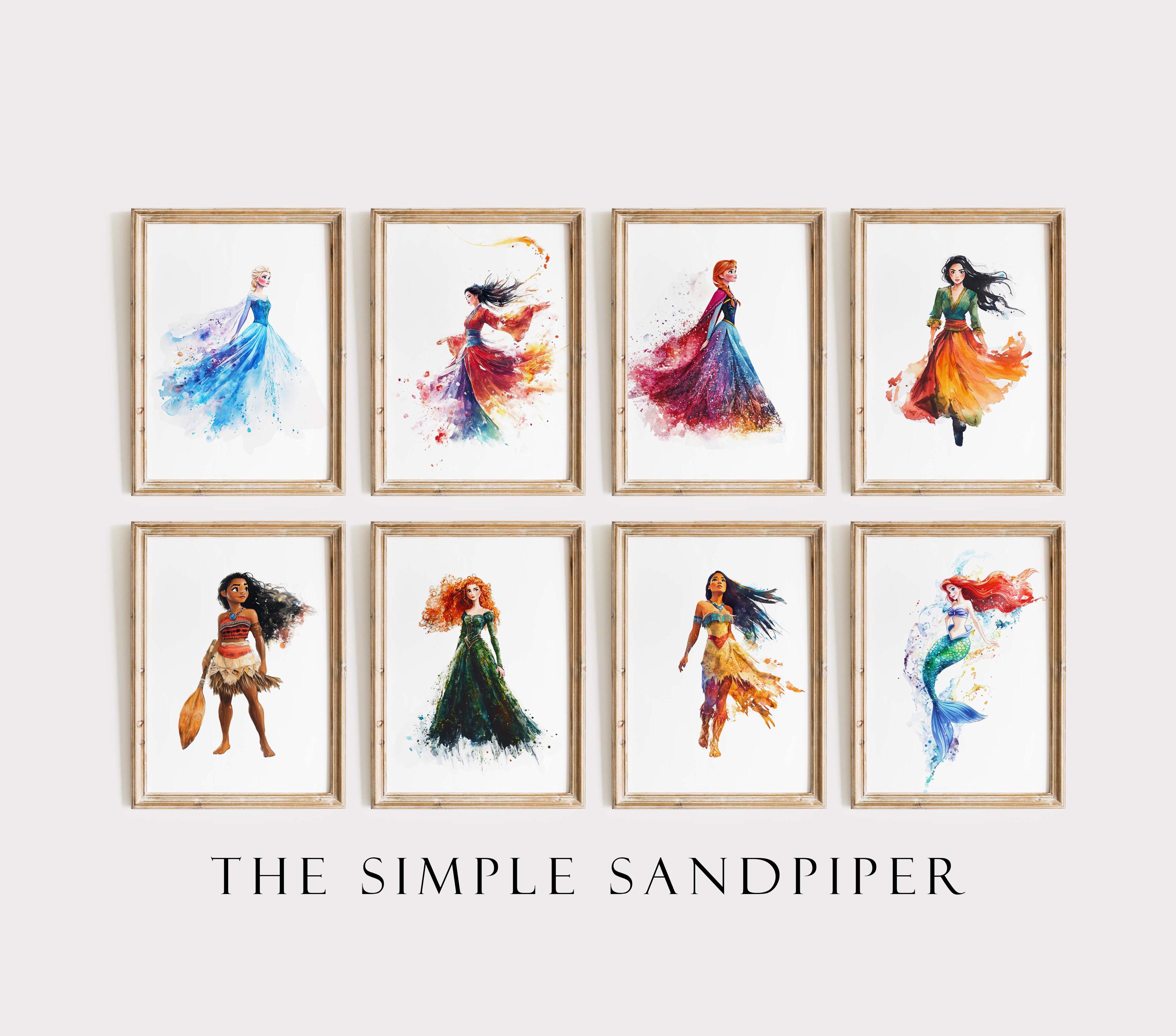 Set of 8 Fairytale Princess Watercolor Prints, Elsa, Anna, Moana, Mulan ...