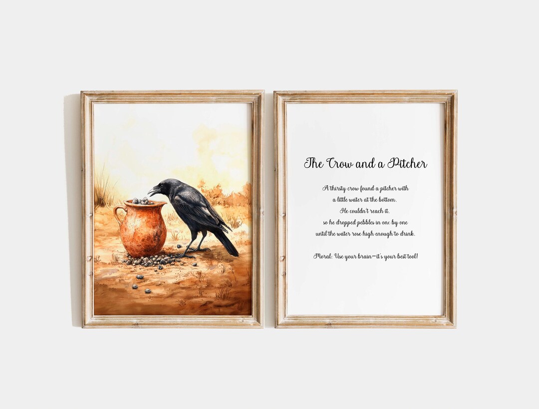 Aesop's Fable Art Print Set: Crow and Pitcher Watercolor Illustration ...
