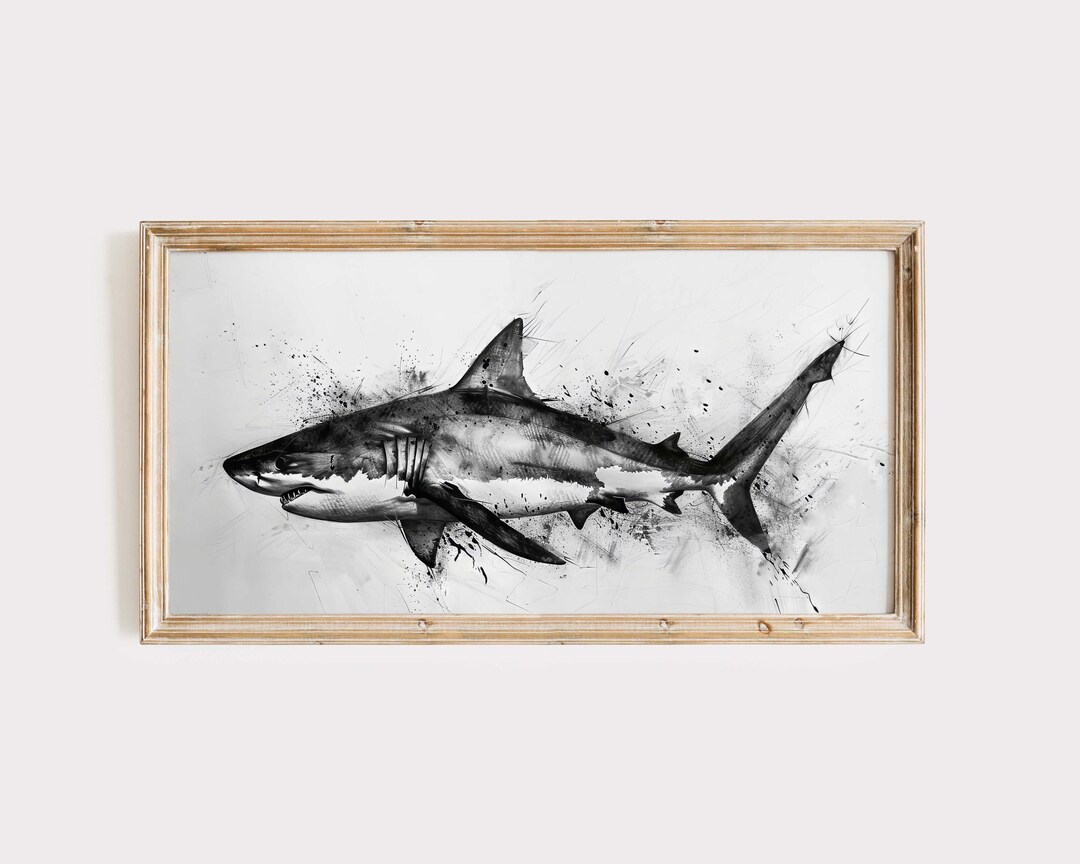Charcoal Shark Drawing: Minimalist Ocean Frame TV Art (digital Download ...