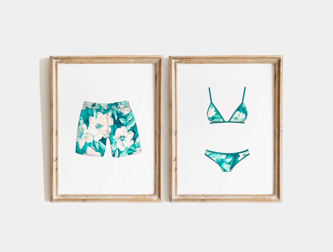Teal Floral Swim Set Bikini And Trunks Wall Art Prints Digital