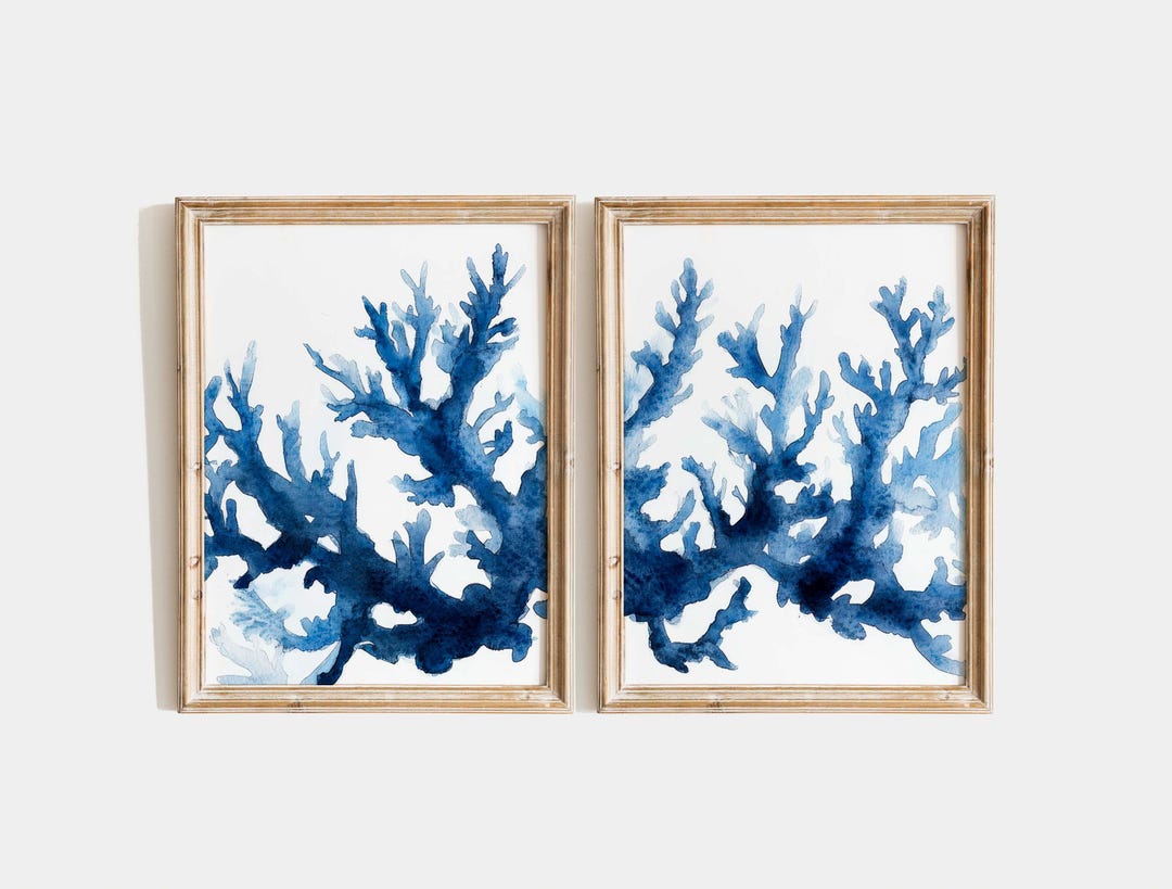 Blue Coral Watercolor Print Set: Coastal Nautical Wall Art (digital ...