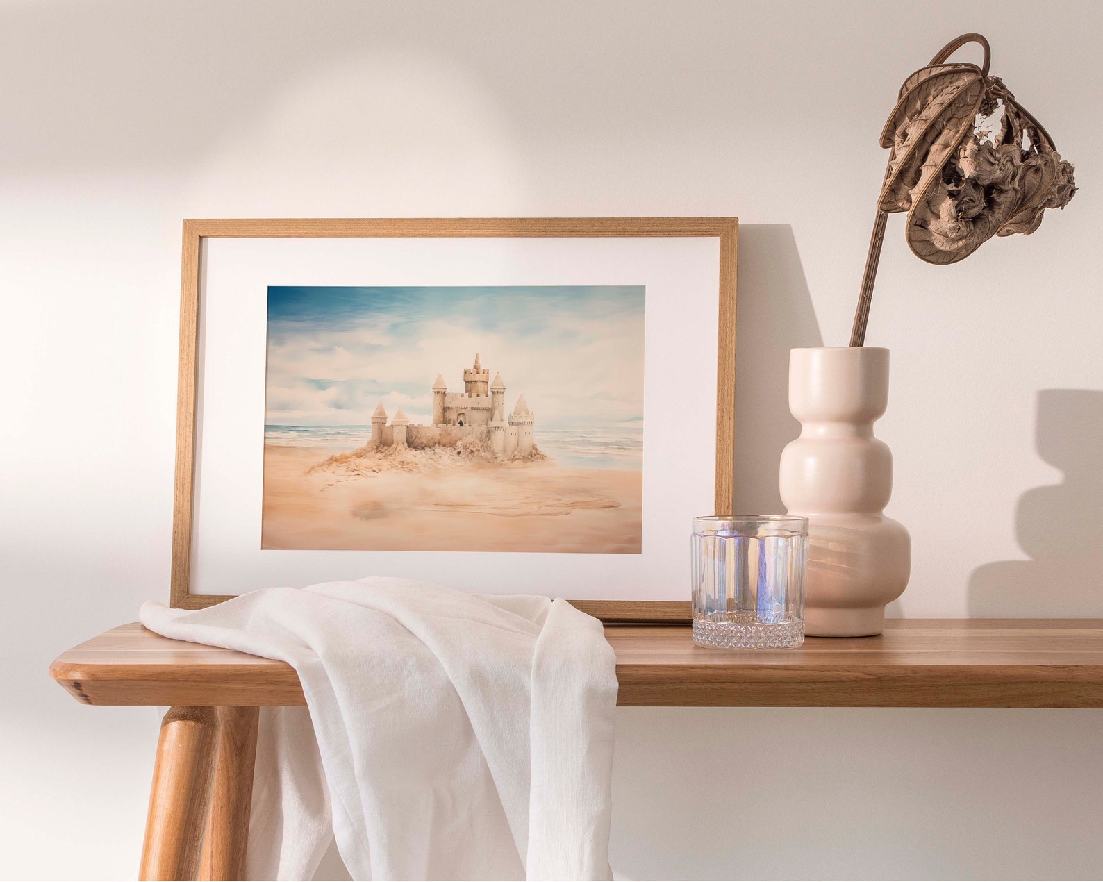 Neutral Sandcastle Watercolor Print, Seascape Wall Art, Coastal Instant ...