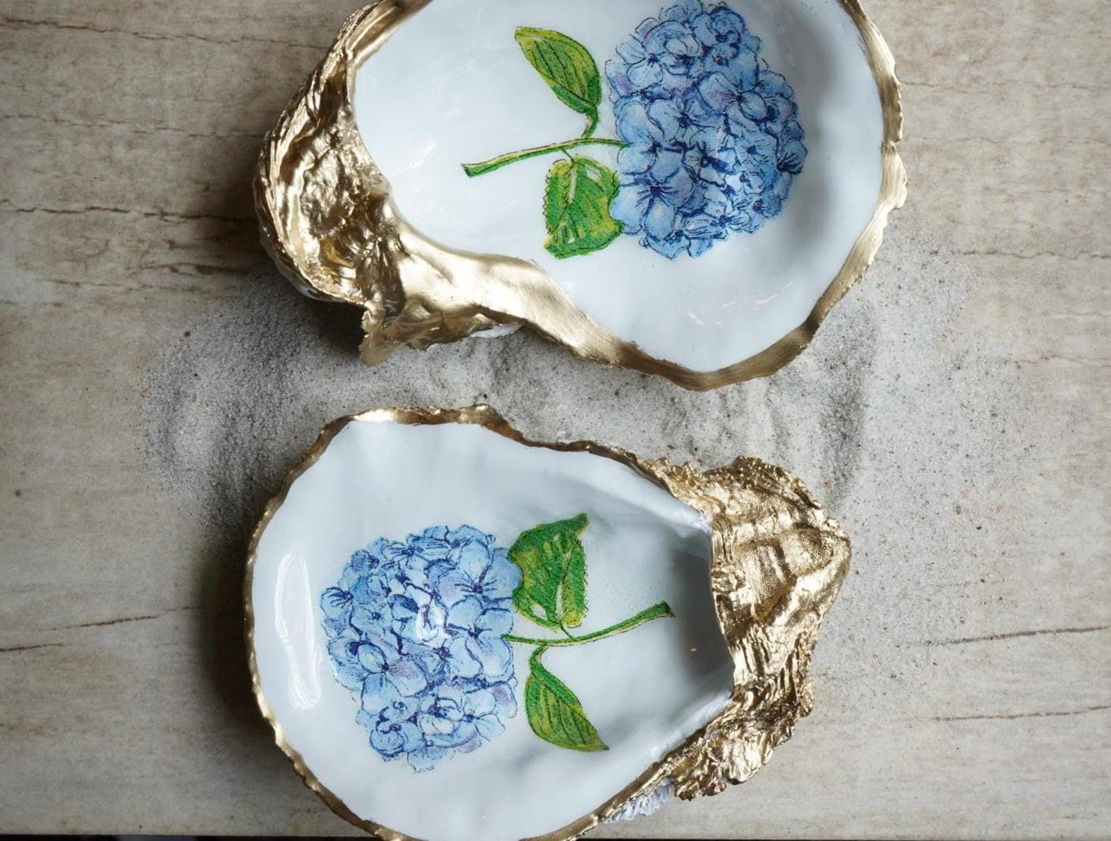 Blue Hydrangea Flower Upcycled Oyster Shell Trinket Dish for Jewelry ...