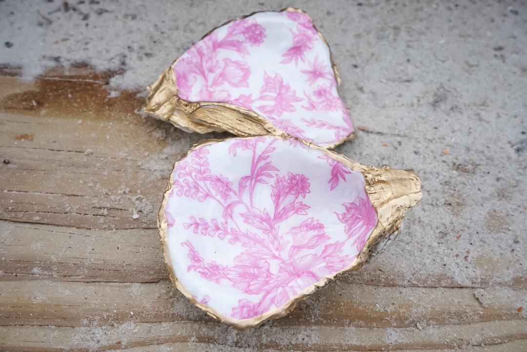 Pink Floral Toile Preppy Upcycled Oyster Shell Trinket Dish for Jewelry ...