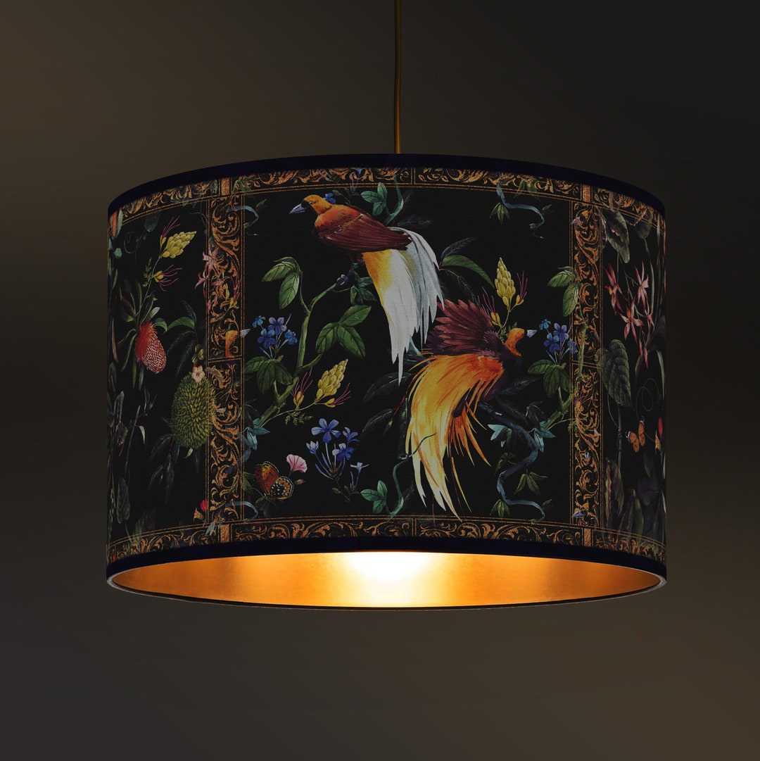 Tropical Exotic Lampshade, Tropical Motif With Birds and Flowers, Black ...