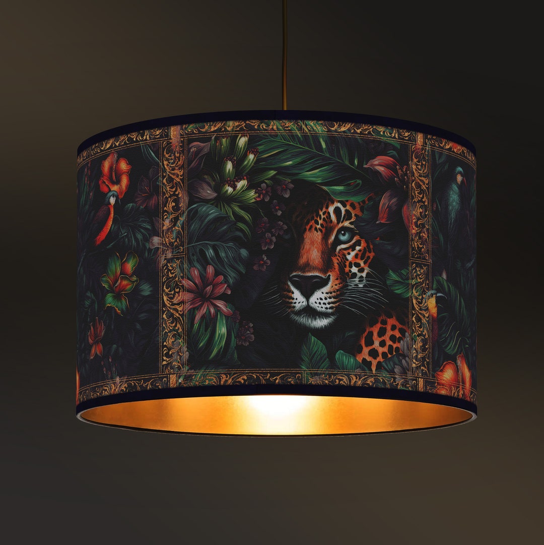 Colorful Jungle Lampshade, Leopard Pattern, Tropical Flowers, Gold ...
