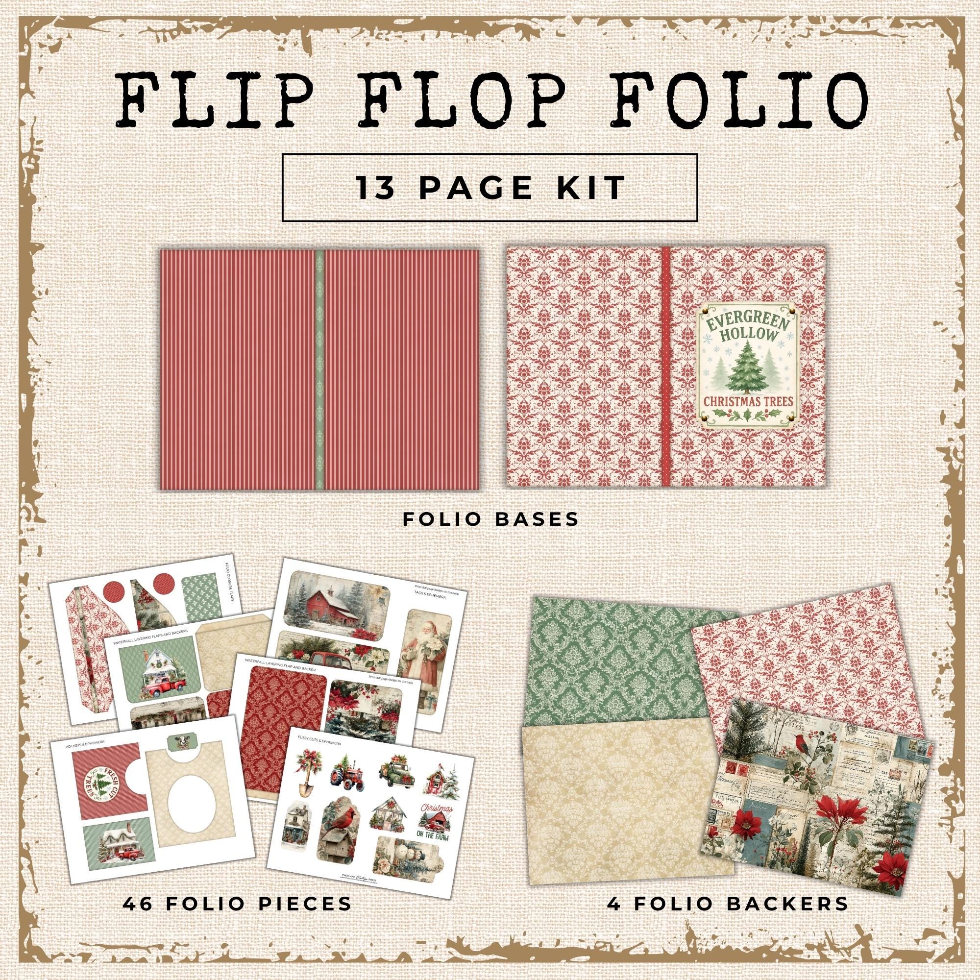Evergreen Hollow Flip Flop Folio Kit, Digital Papers Retro Christmas ...