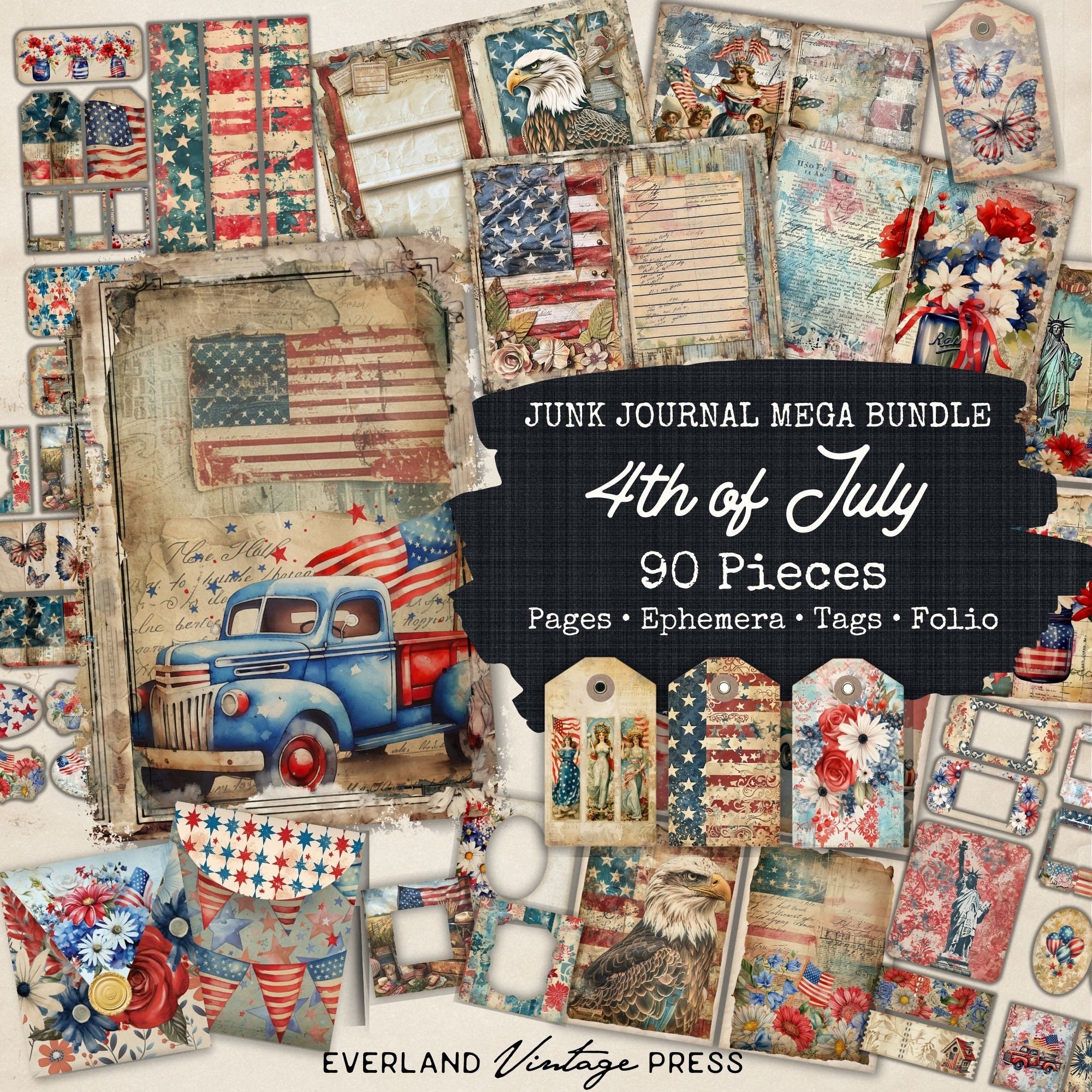 Junk Journal Kit 4th July Bundle - 90 Pieces, Fourth of July Ephemera ...